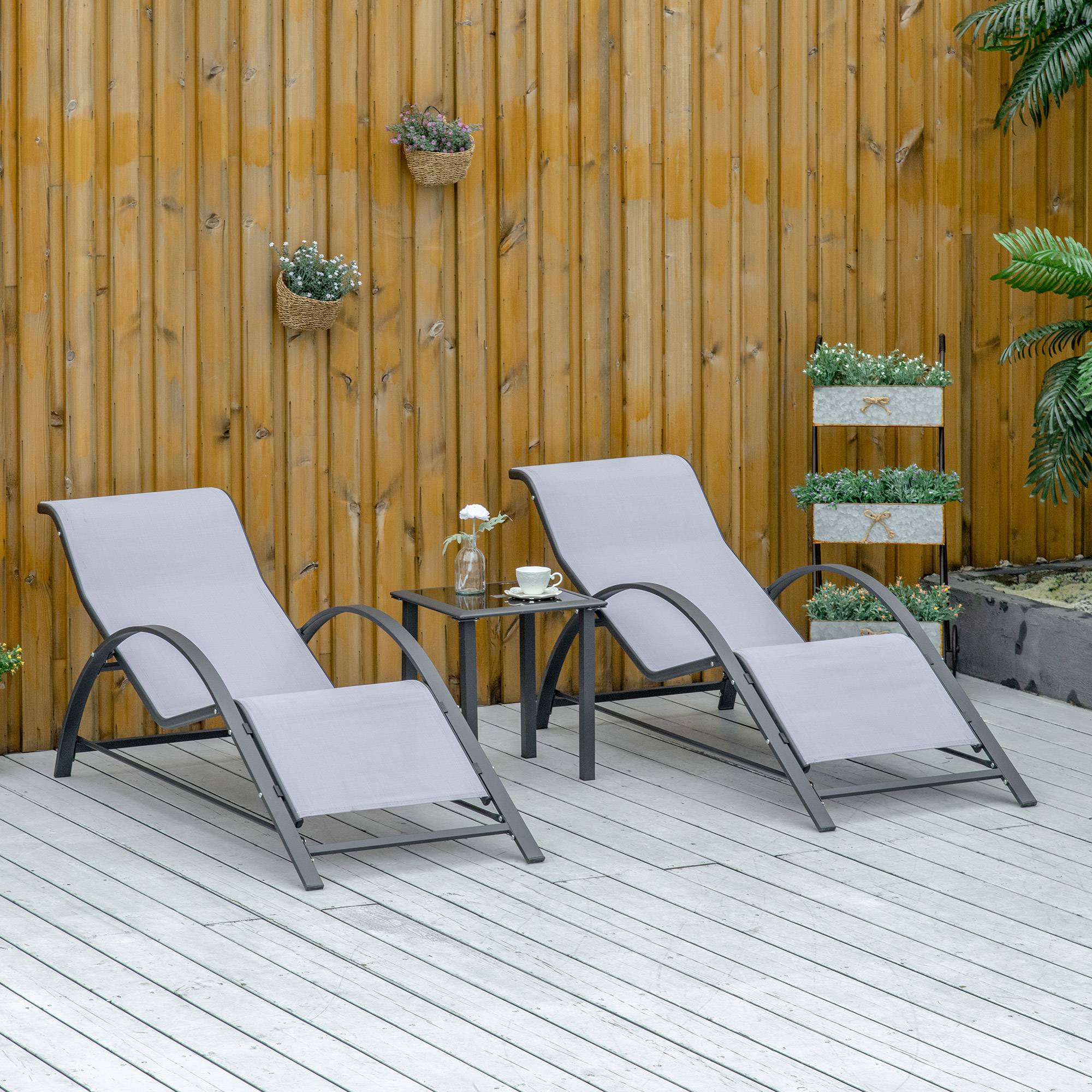 2 chaises longues de jardin 59 x 169 x 66 cm avec table basse en verre ...