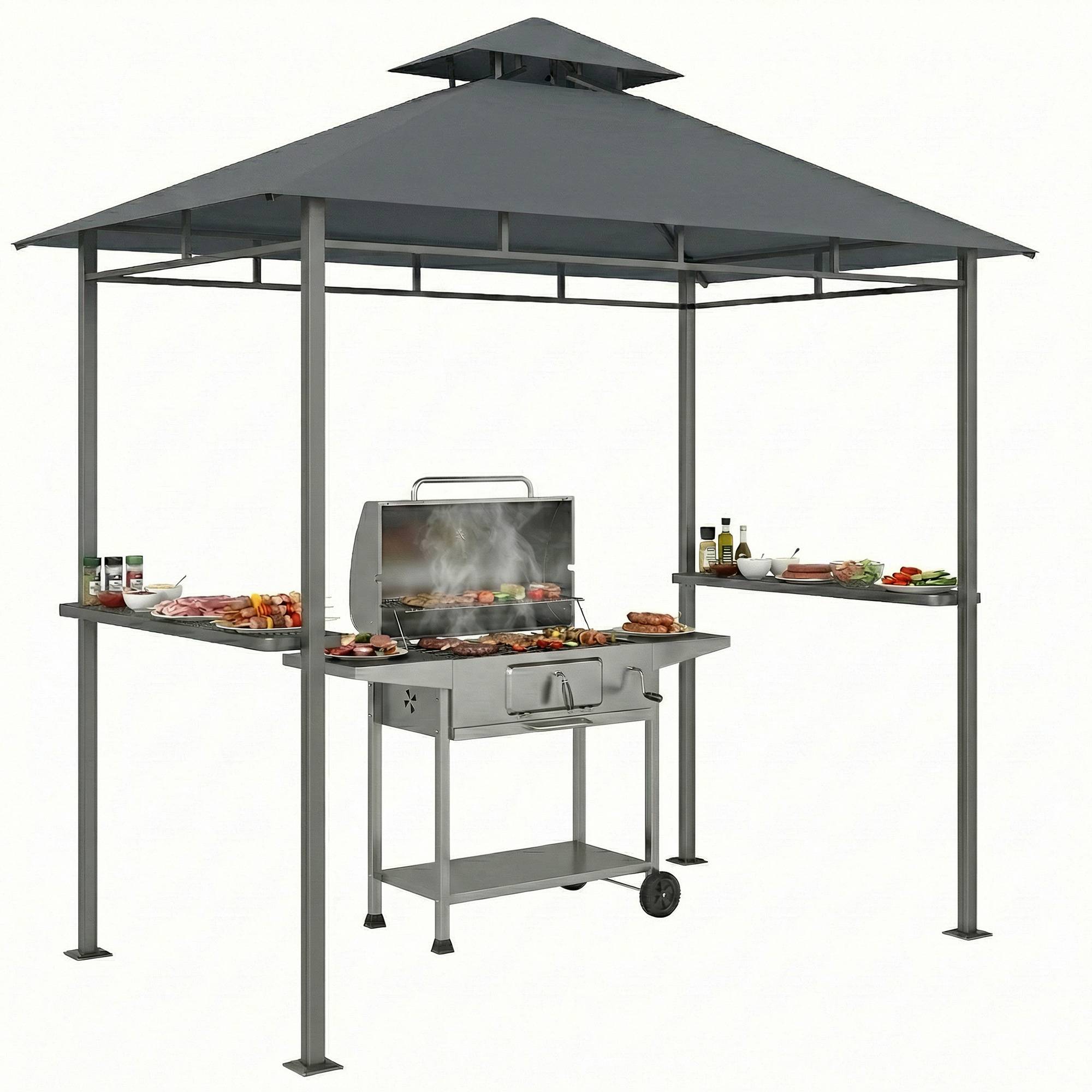 Tonnelle de barbecue métal extérieur double toit aéré étagères 2,4x1,5m ...