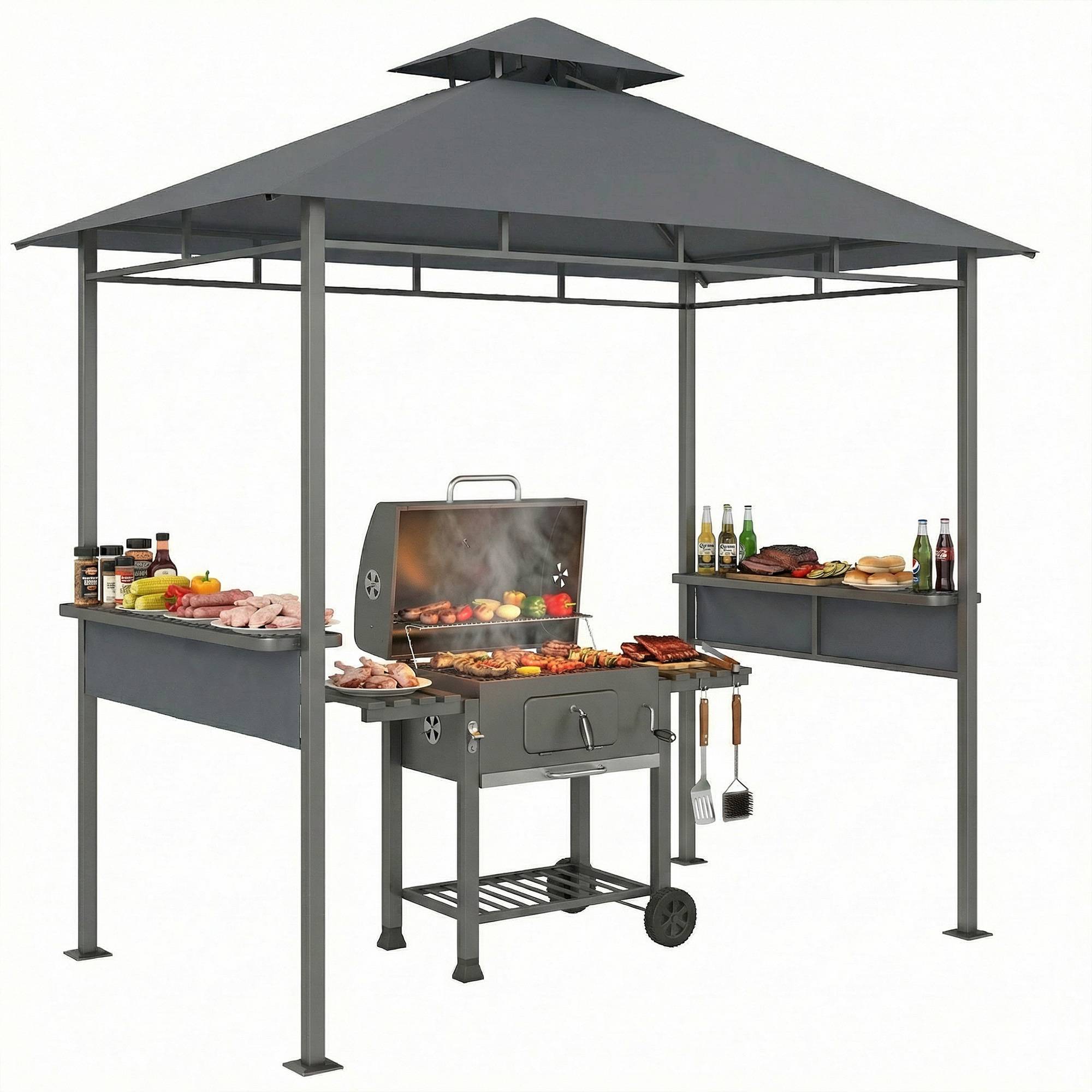 Tonnelle de barbecue métal extérieur double toit aéré étagères 2,4x1,5m ...