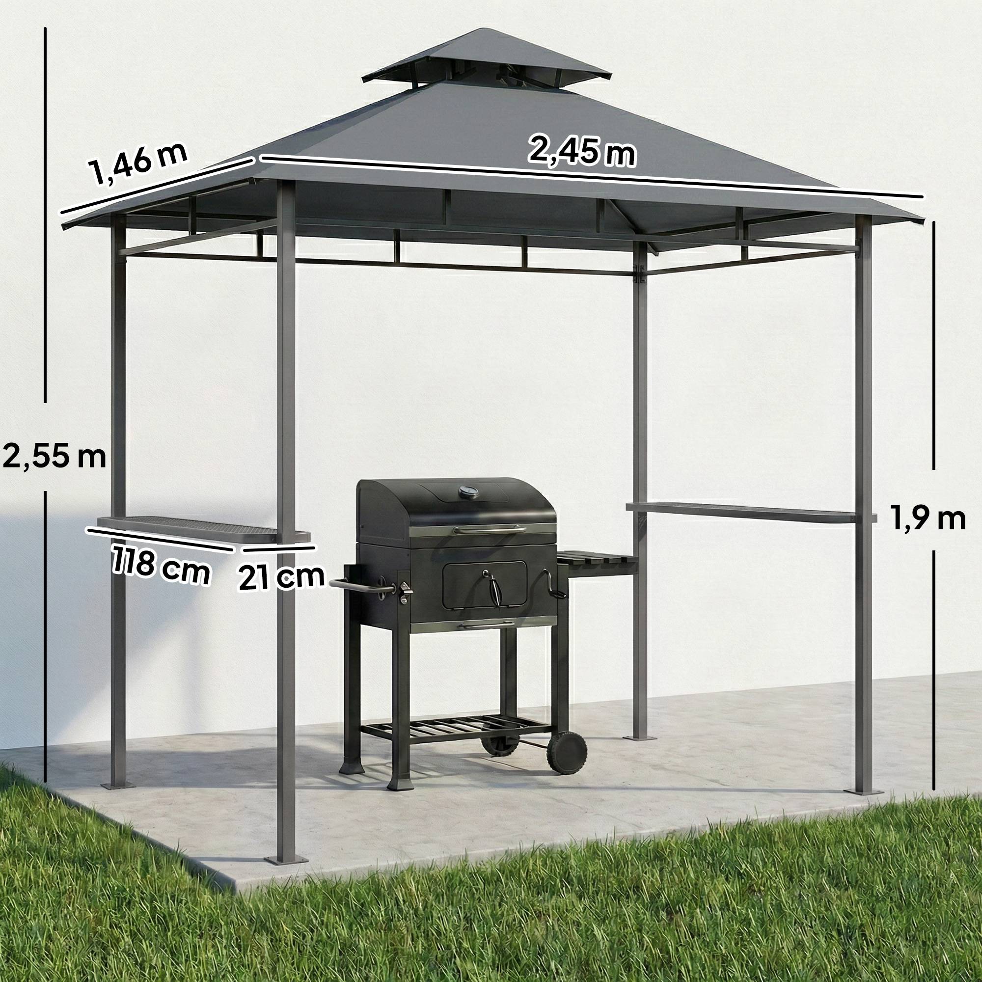 Tonnelle de barbecue métal extérieur double toit aéré étagères 2,4x1,5m ...