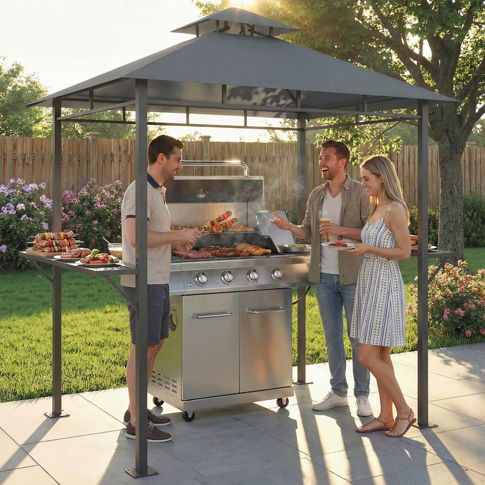 Tonnelle de barbecue métal extérieur double toit aéré étagères 2,4x1,5m ...