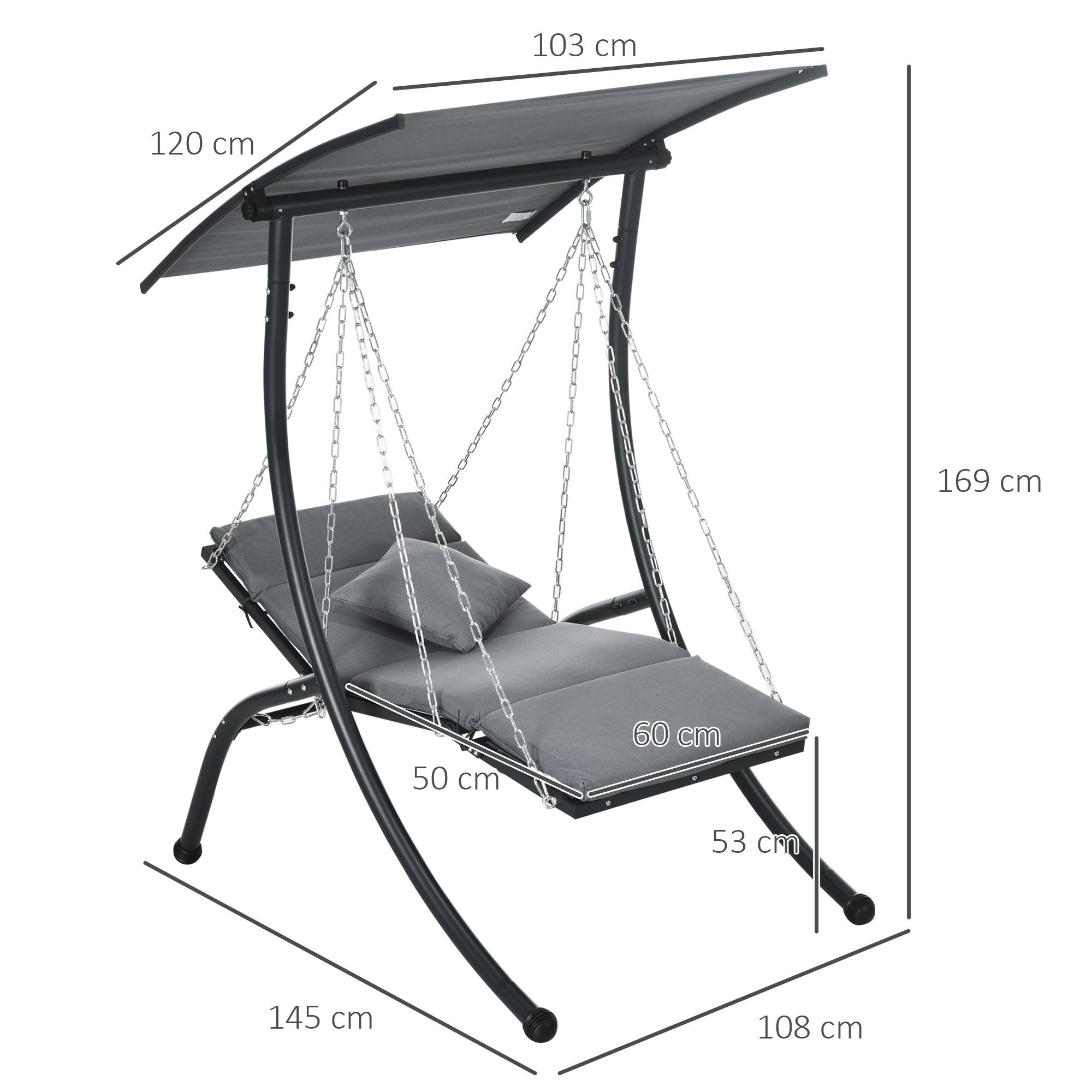 Balancelle Jardin Acier Terrasse Fonction Lit Toit Inclinable Gris ...