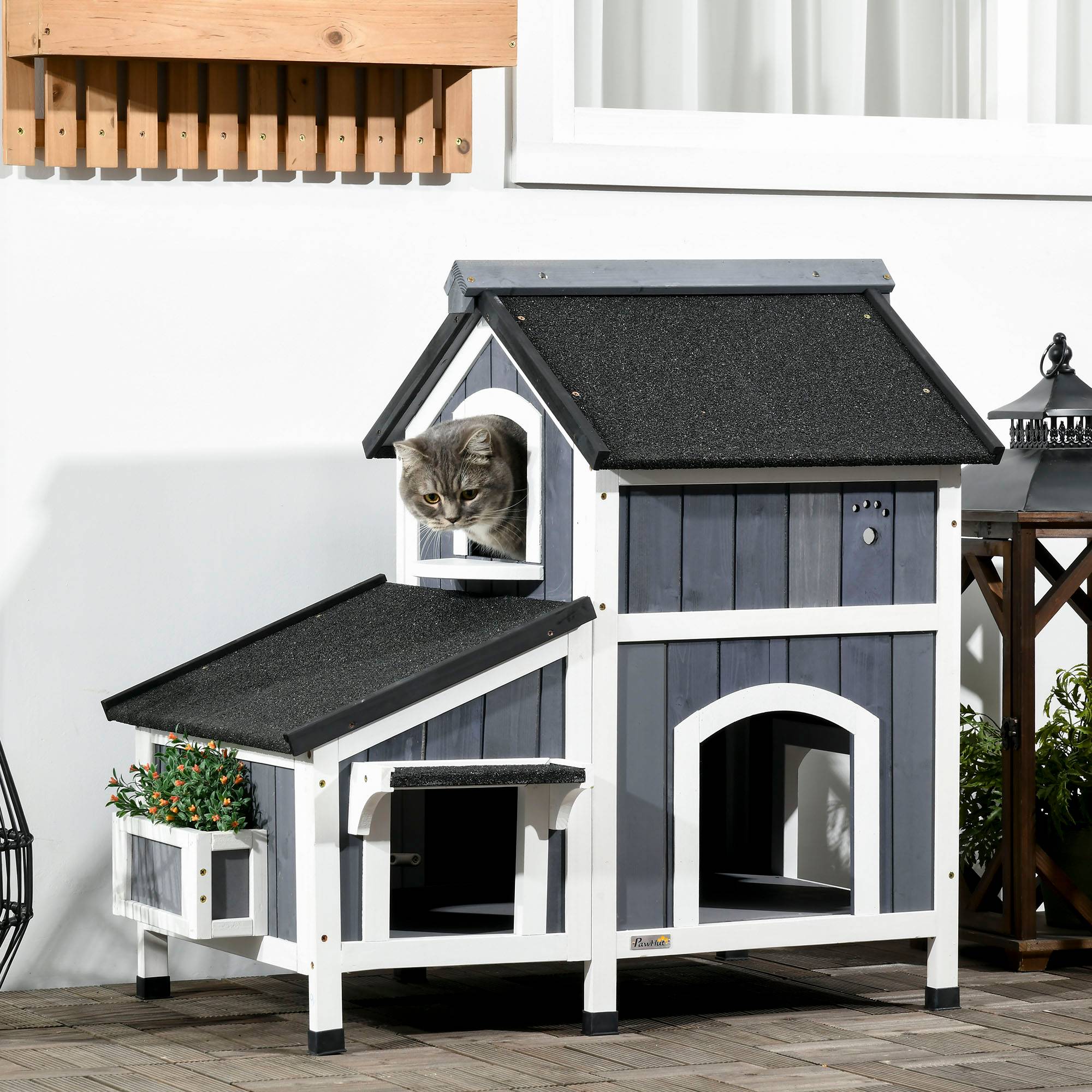 Niche extérieure en bois pour chat, abri à deux niveaux, 96 x 65 x 85,5 ...
