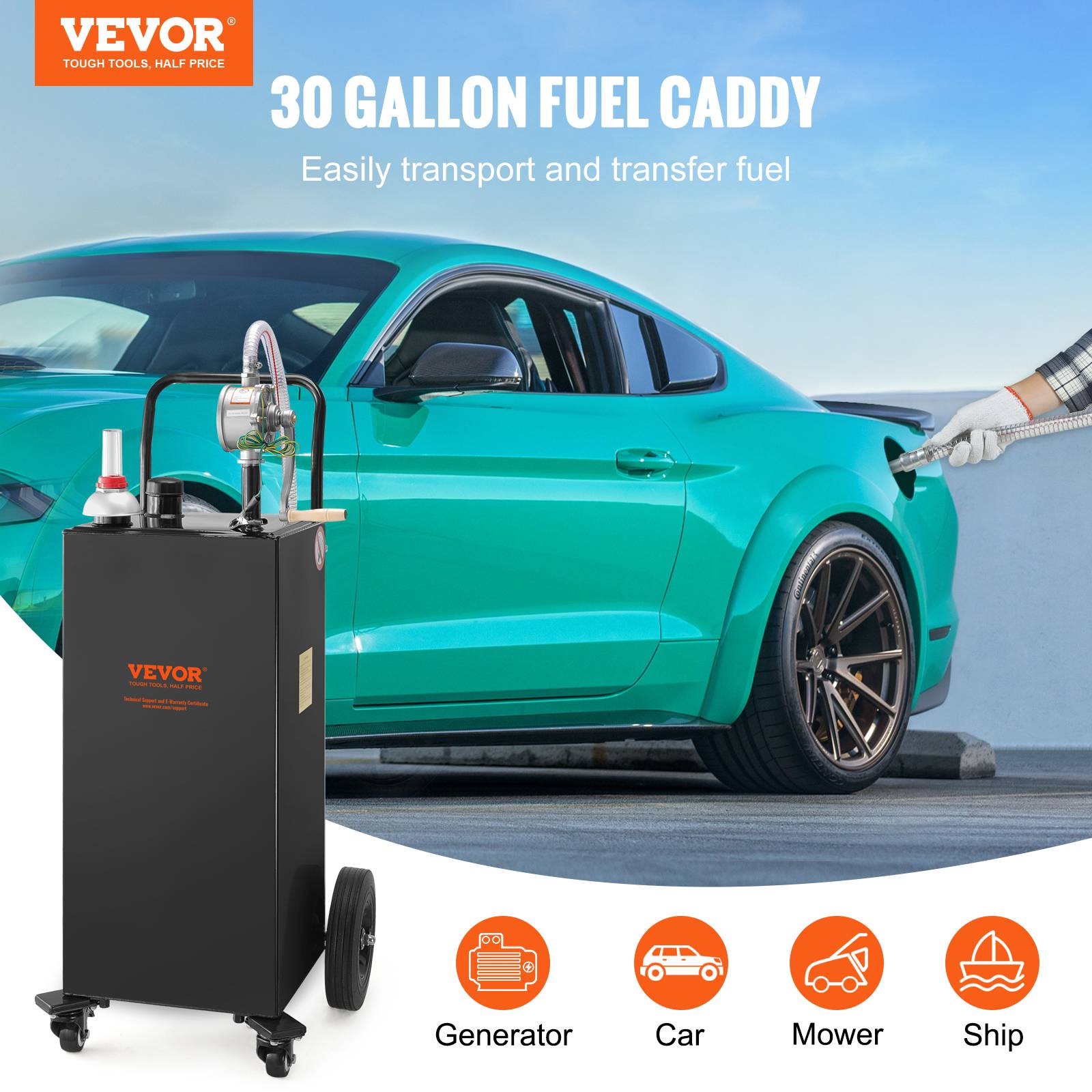 VEVOR Chariot carburant 30 gallons, 4 roues, pompe manuelle. Essence ...