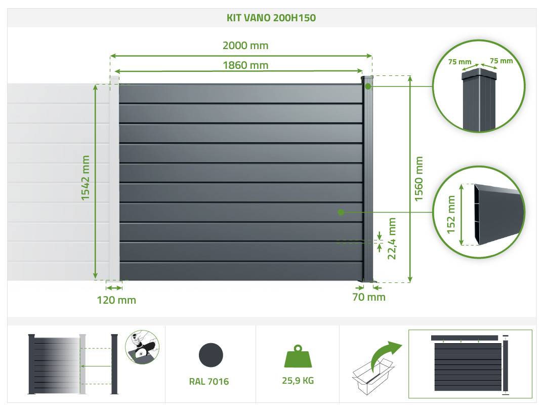 Clôture Aluminium Persienne 8m VANO H.150 cm gris - Jardiland