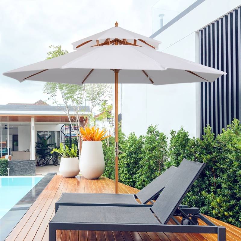 Parasol double toit bois bambou pour jardin et terrasse protection UV ...
