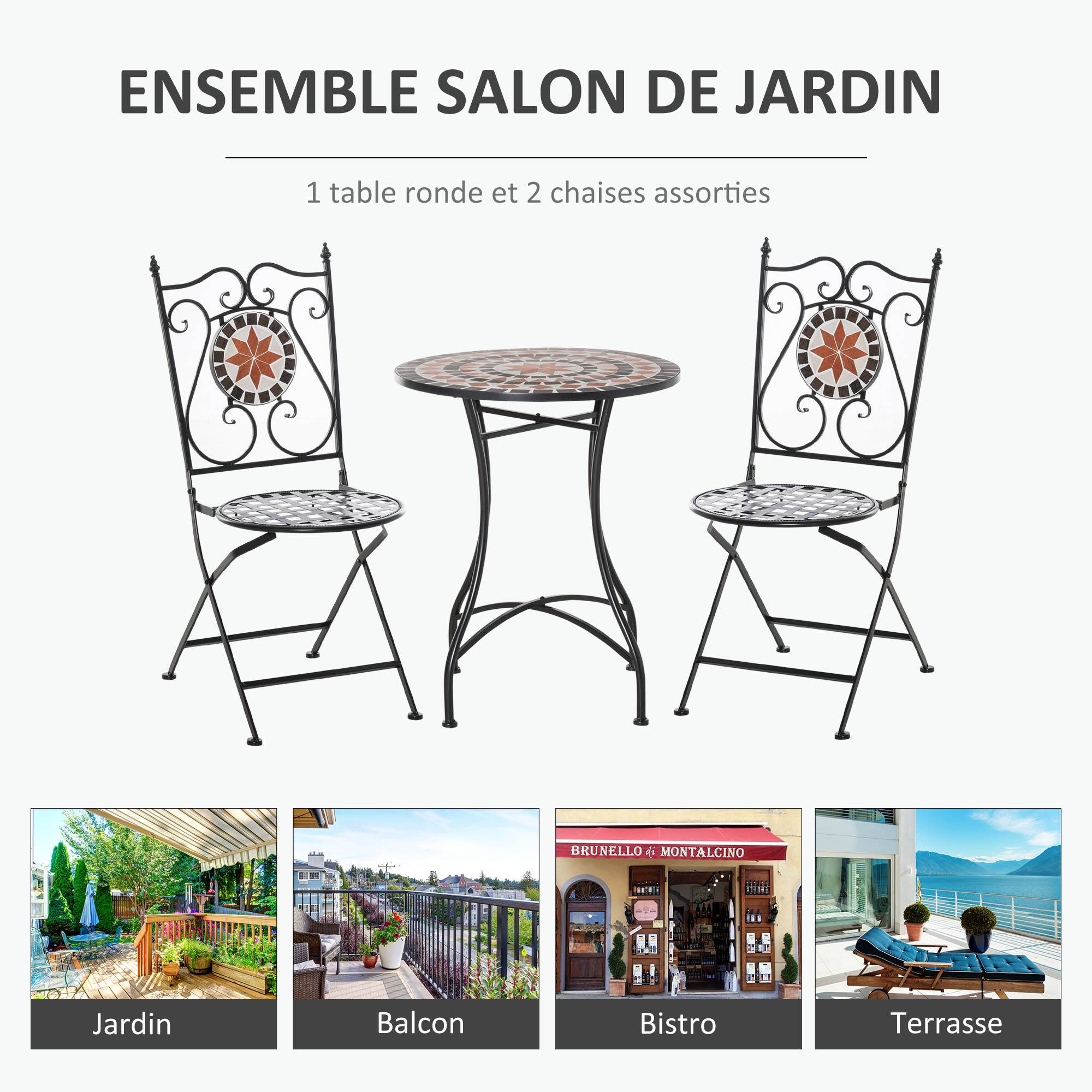 Ensemble Bistro 2 Places 3 pièces Style Fer forgé mosaïque céramique ...