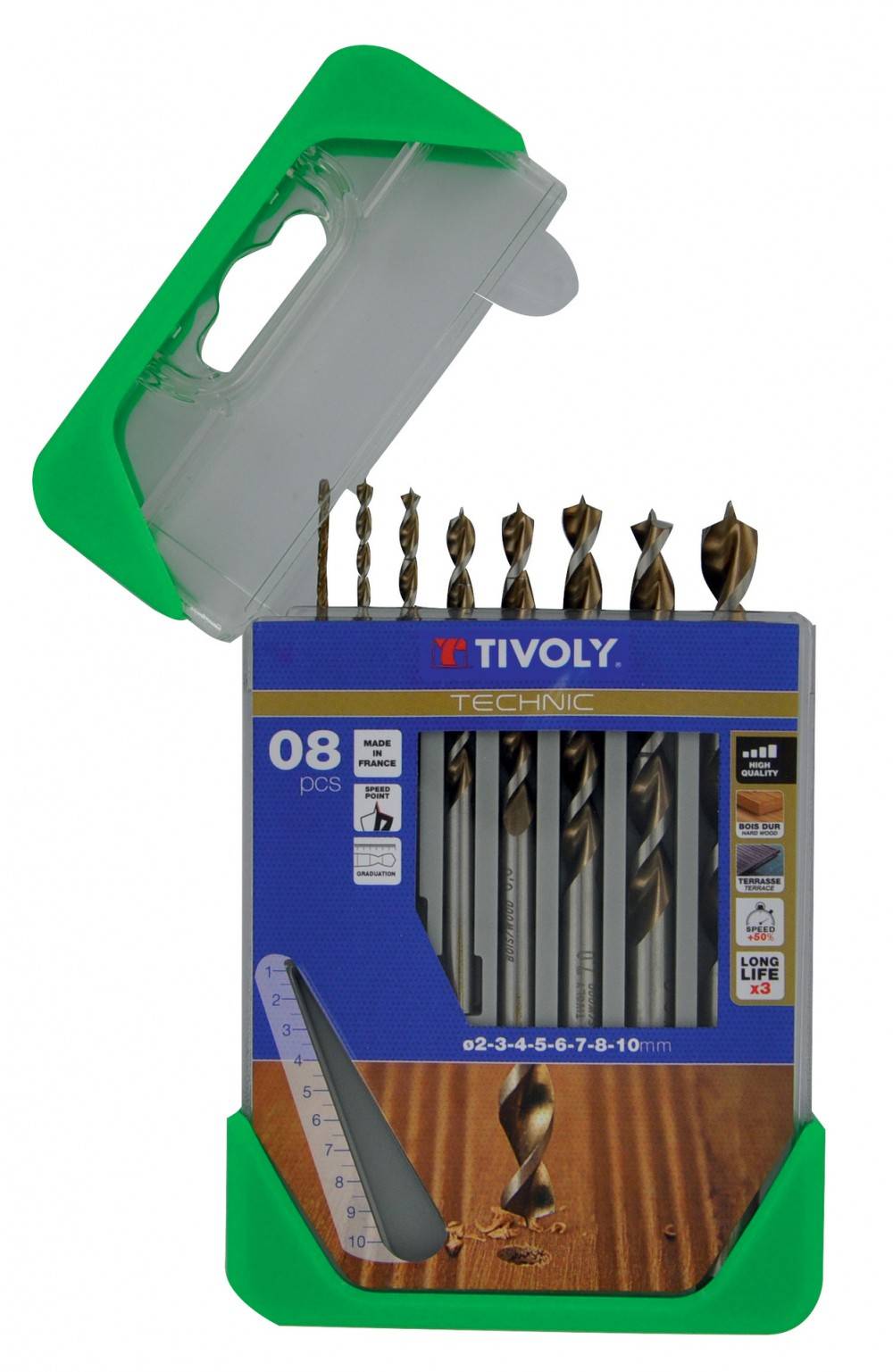 Coffret 8 forets technic bois, Diam.2-3-4-5-6-7-8-10 mm TIVOLY - Jardiland