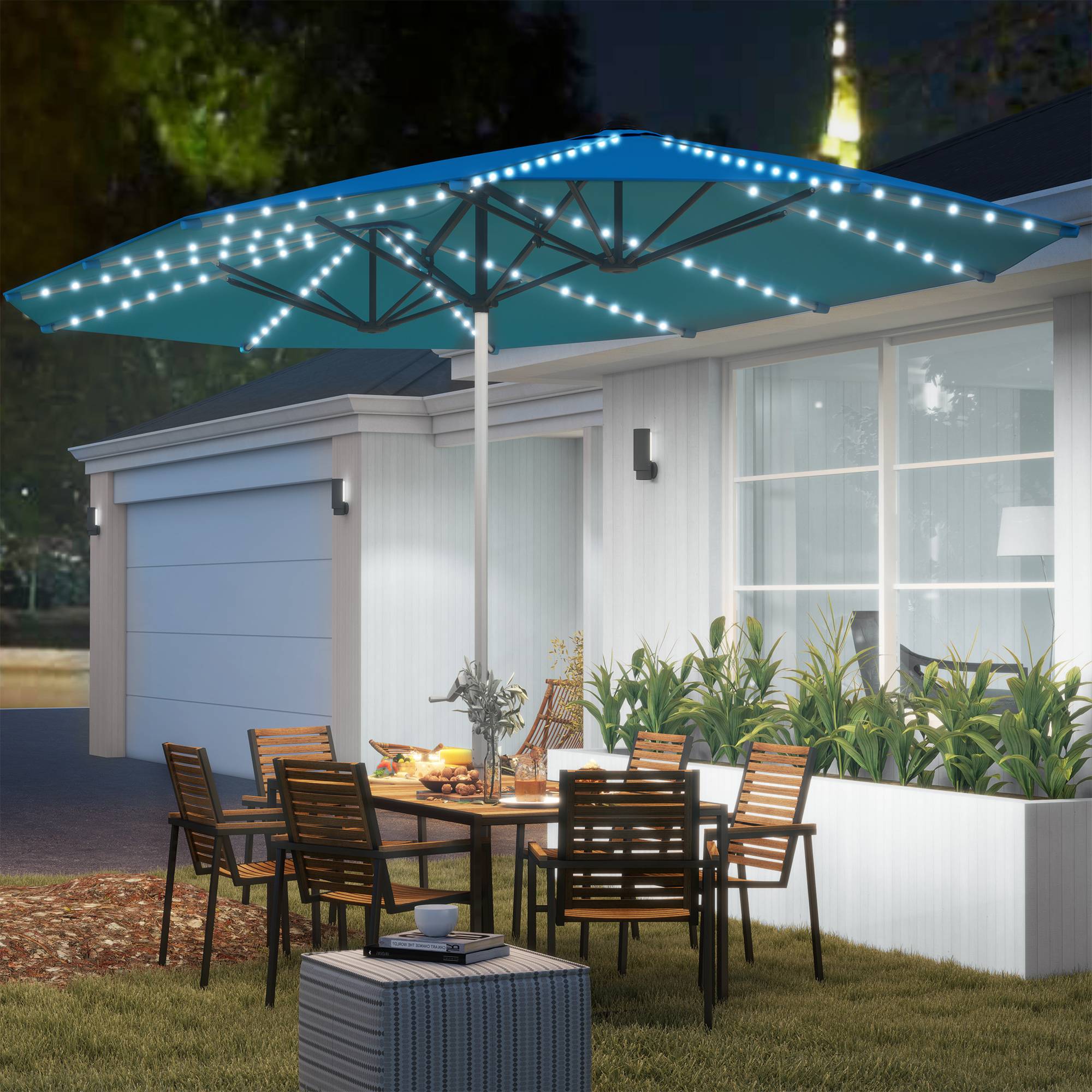 Parasol double aluminium terrasse éclairage LED solaire UV50+ bleu ...