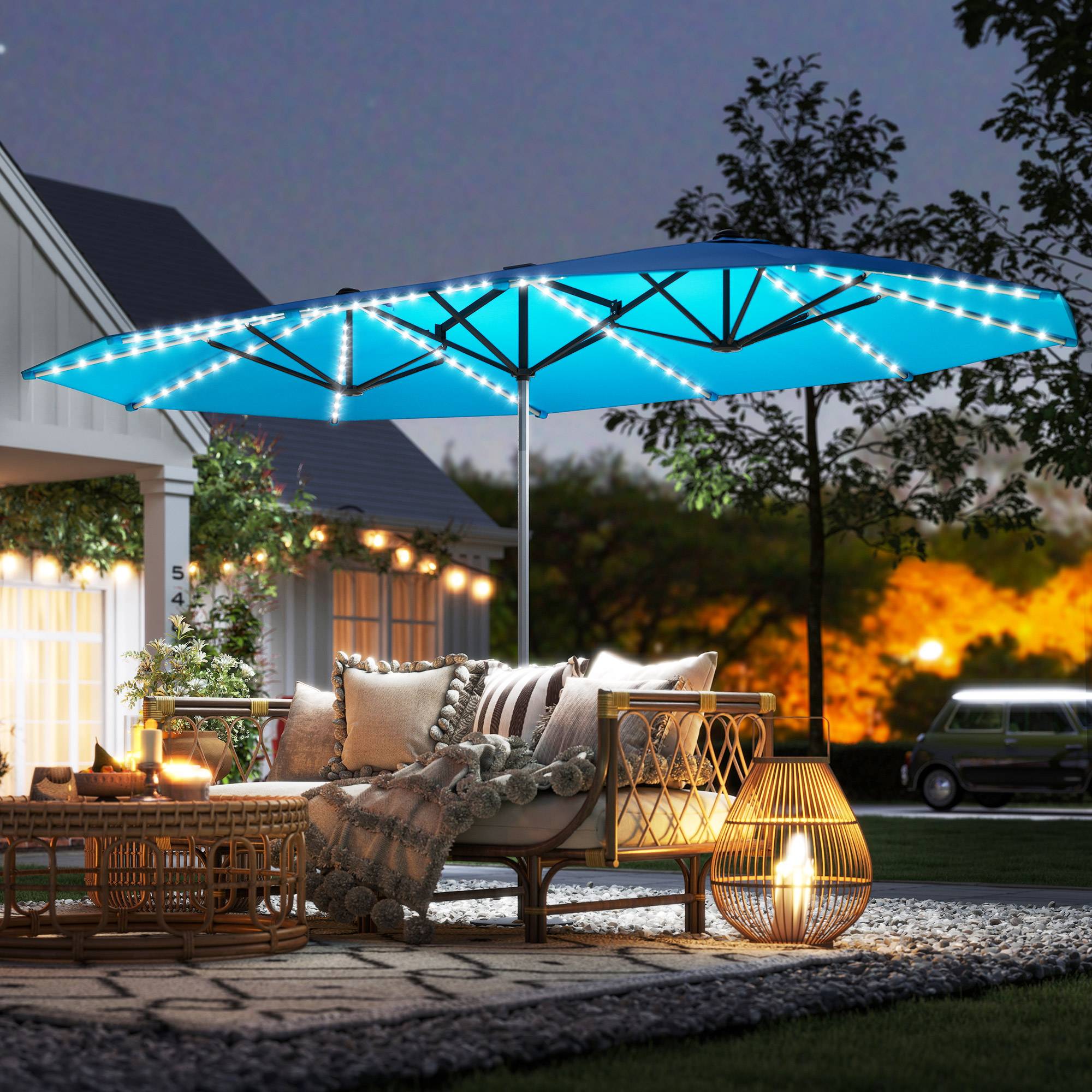 Parasol double aluminium terrasse éclairage LED solaire UV50+ bleu ...
