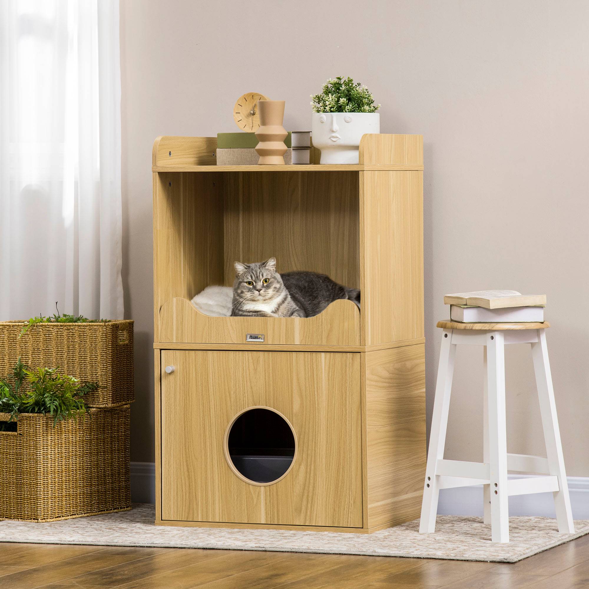 Meuble litière pour chat panneaux de particules acier noir et bois ...