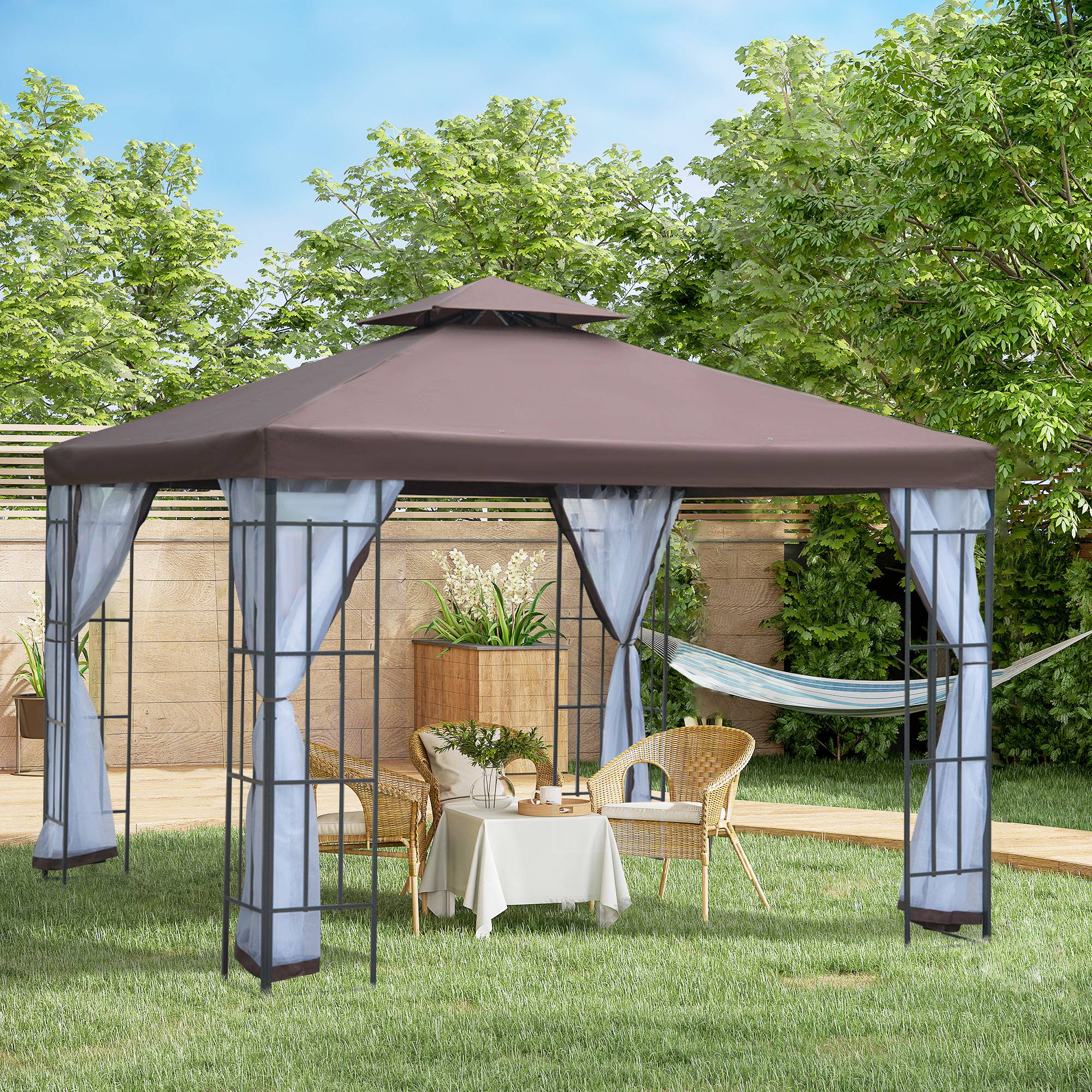 Tonnelle de jardin acier toit double moustiquaires 297x297cm marron ...