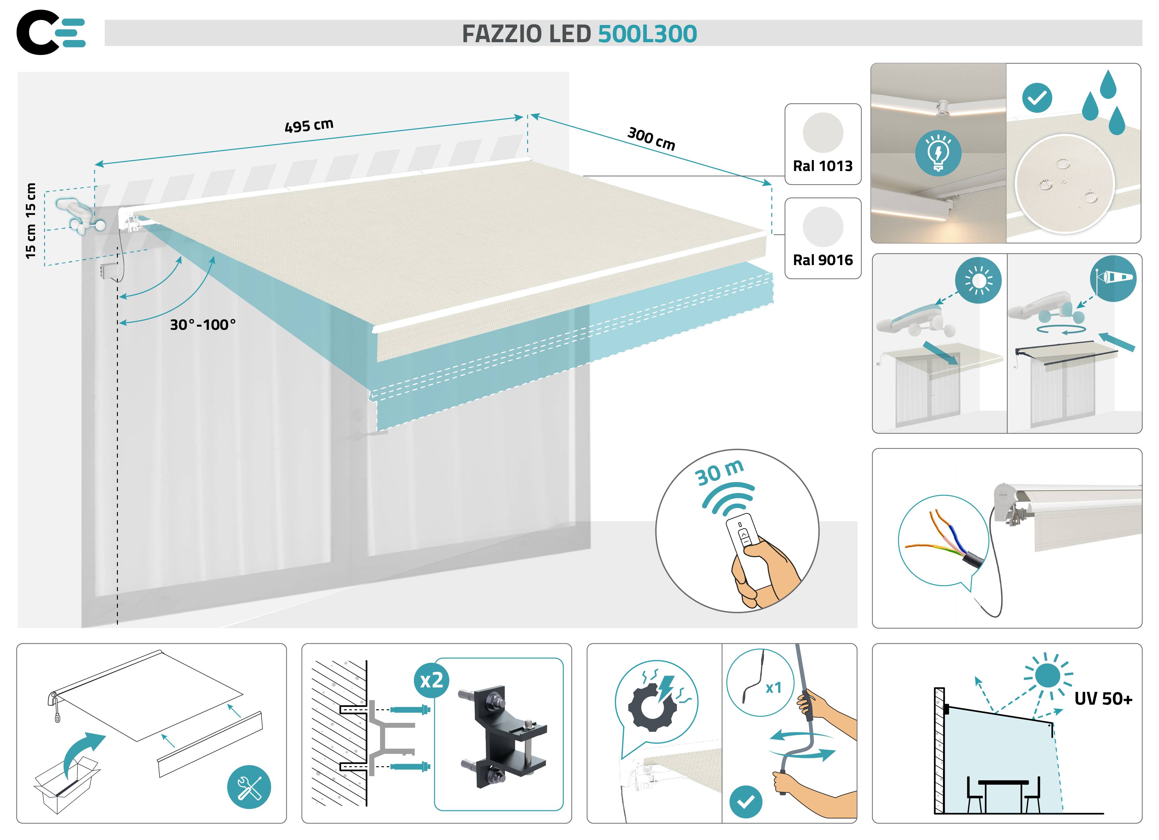 Store banne motorisé à LED semi-coffre structure blanche FAZZIO 5x3 m ...
