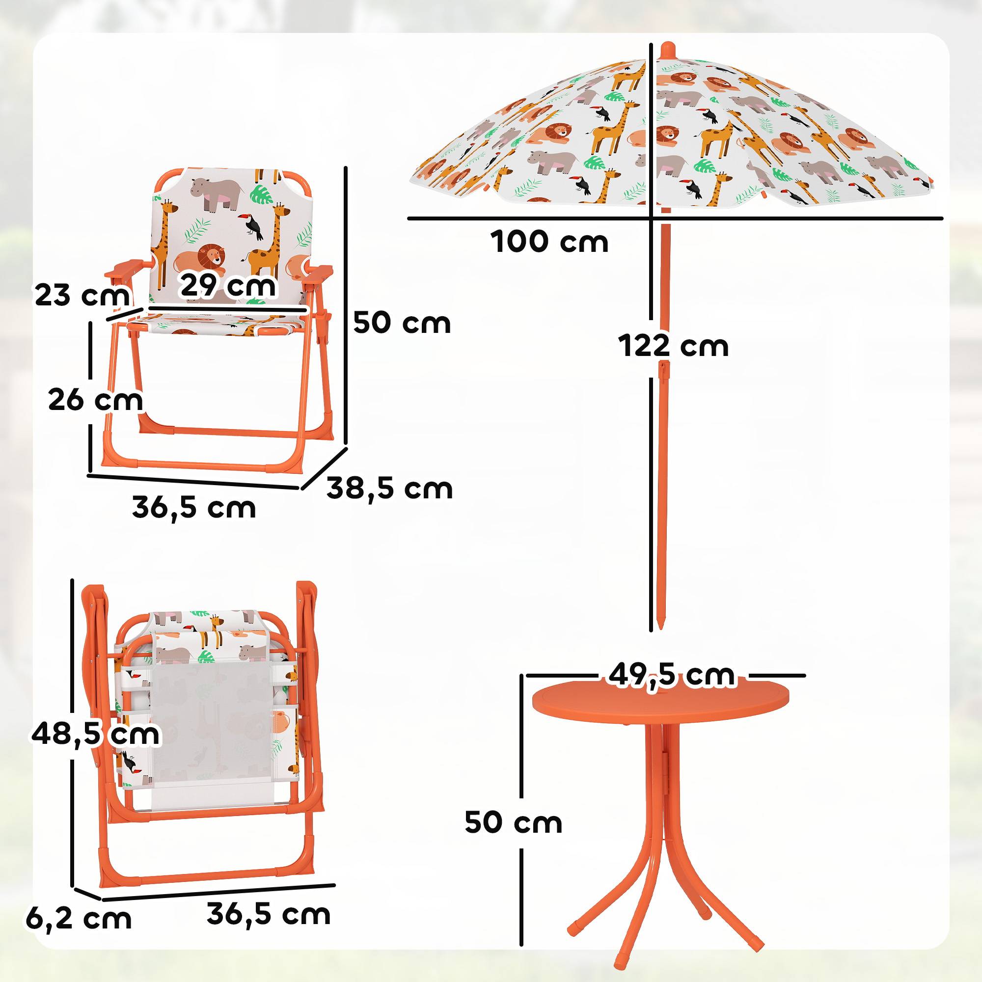 Salon de jardin enfant, table enfant avec 2 chaises pliantes et parasol ...