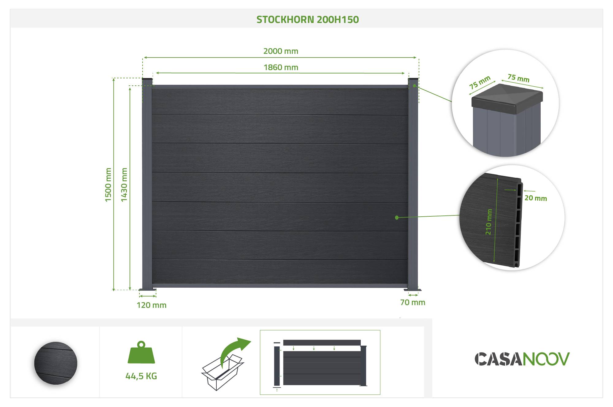 Clôture composite Stockhorn 10 m, hauteur 150 cm, sur plaques de base ...