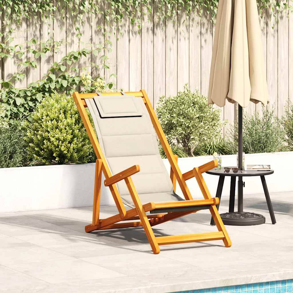 Chaise de plage pliante bois d'acacia crème 61.5 x 110 x 96 cm ...