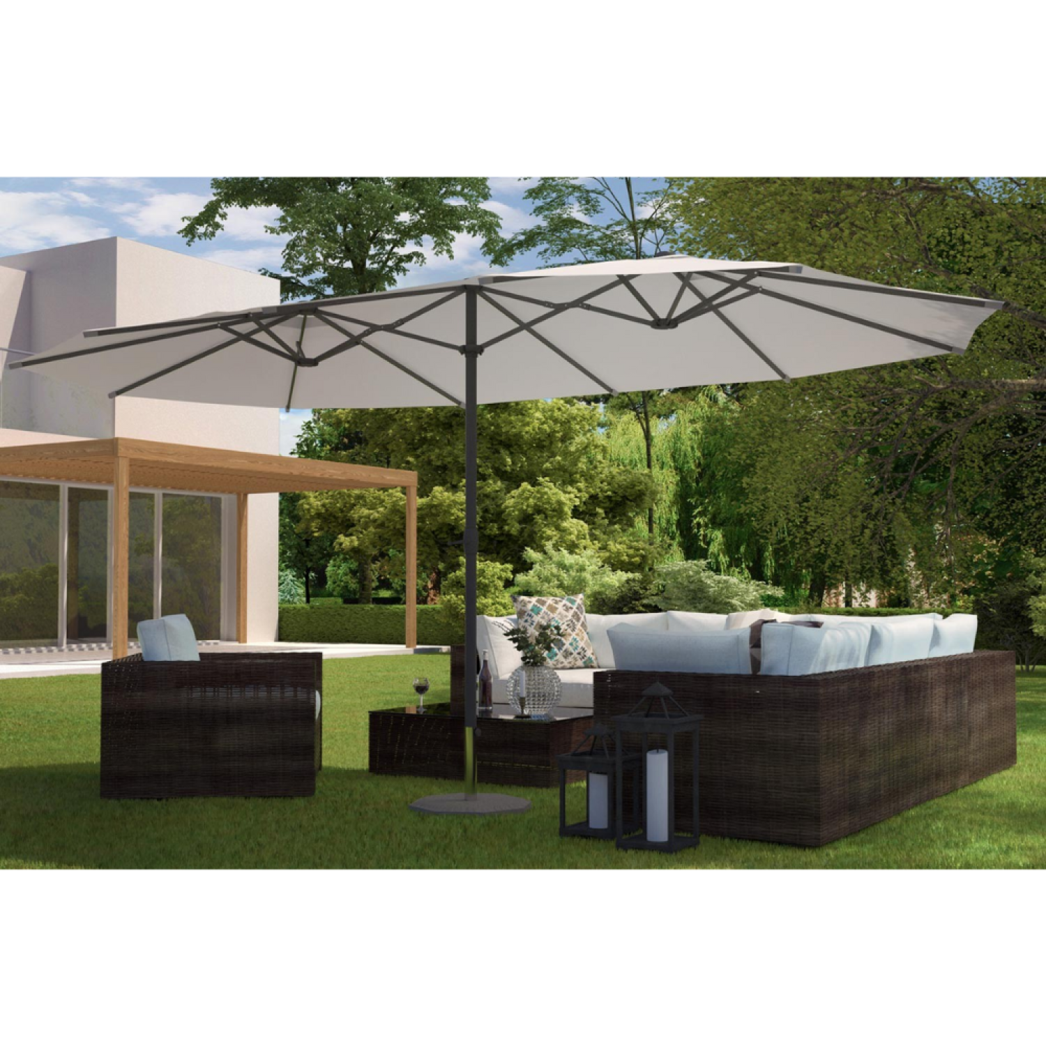 Parasol double ecru droit ovale 2,7 x 4,6 m VENICE - Jardiland