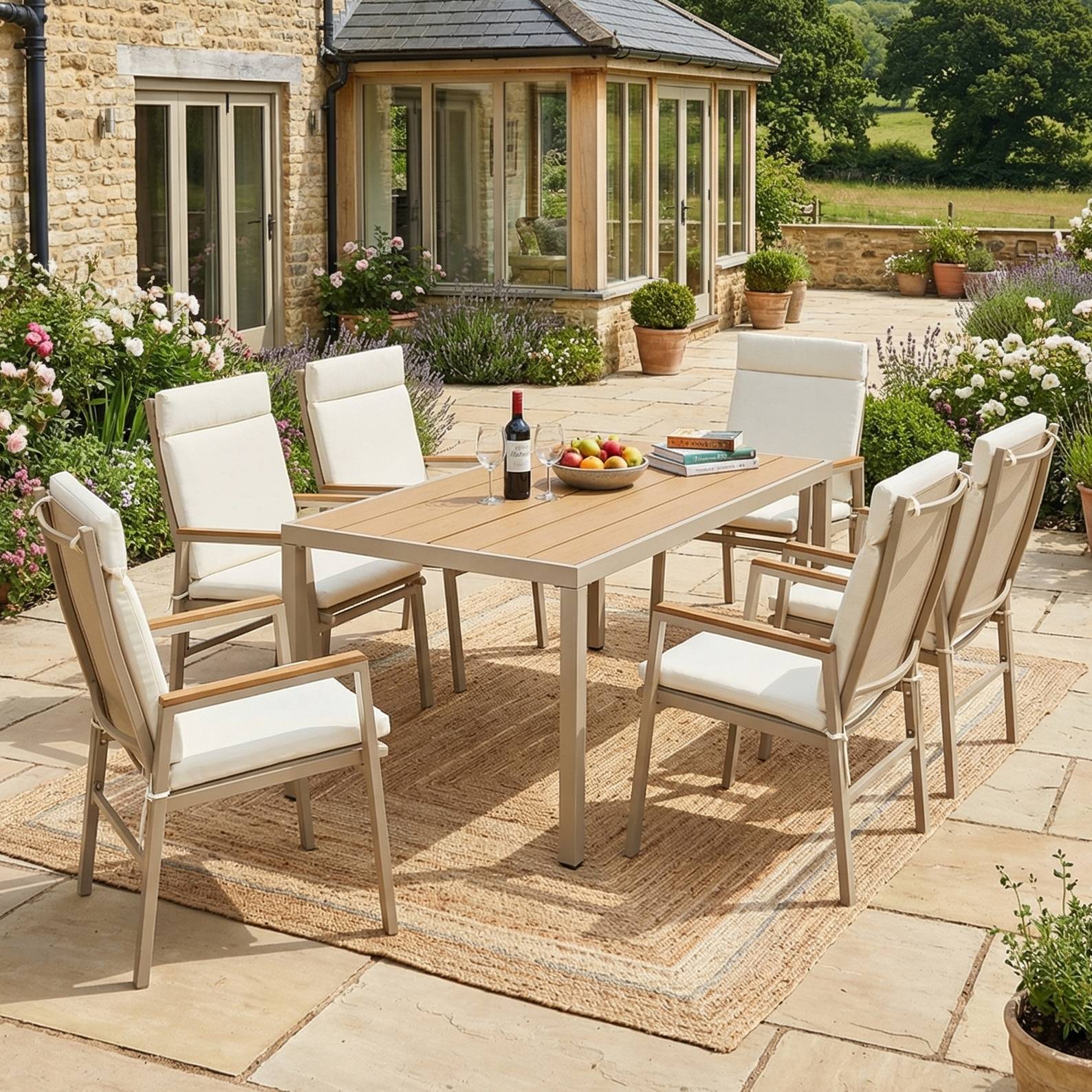 Ensemble repas jardin acier bois composite extérieur 6 personnes ...