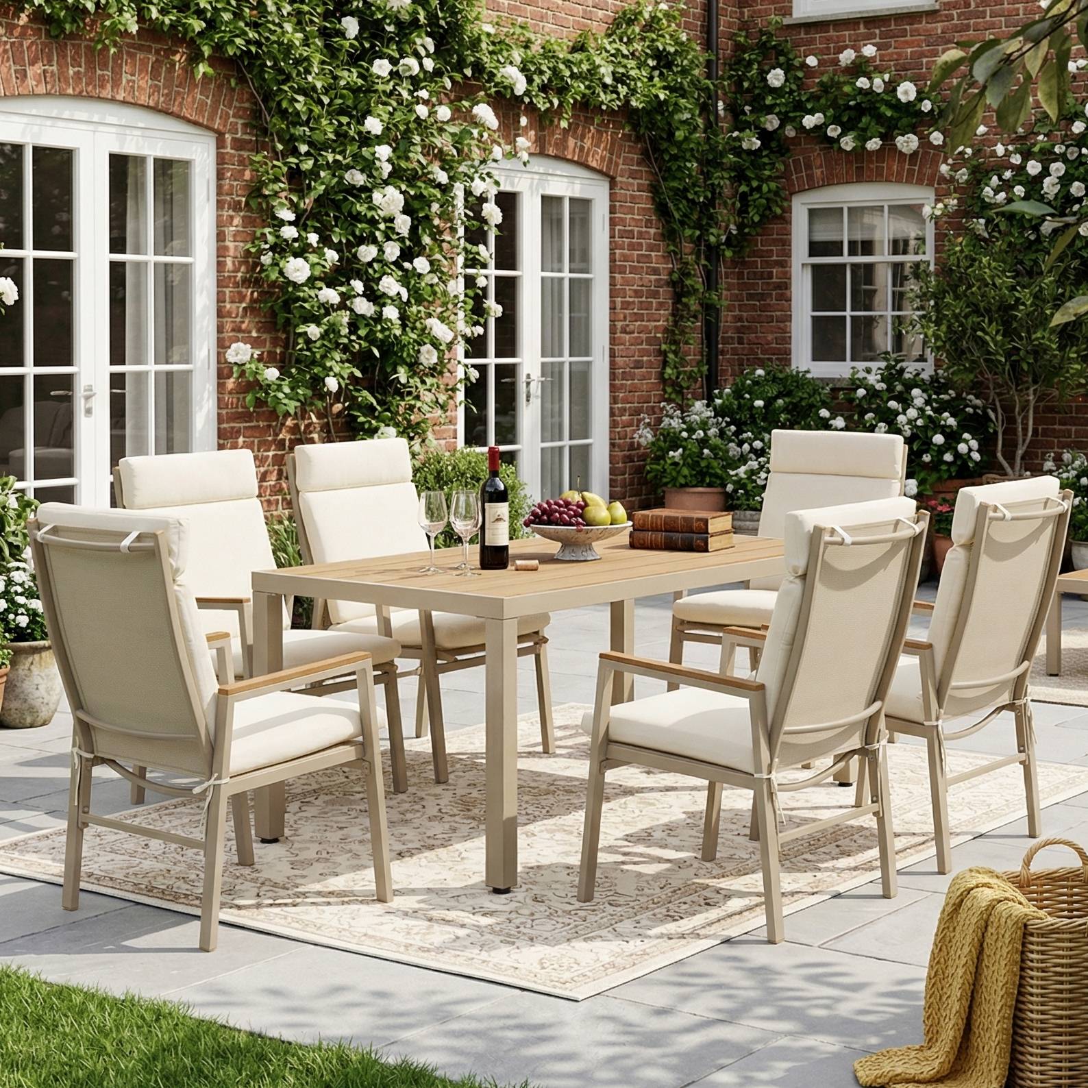 Ensemble repas jardin acier bois composite extérieur 6 personnes ...
