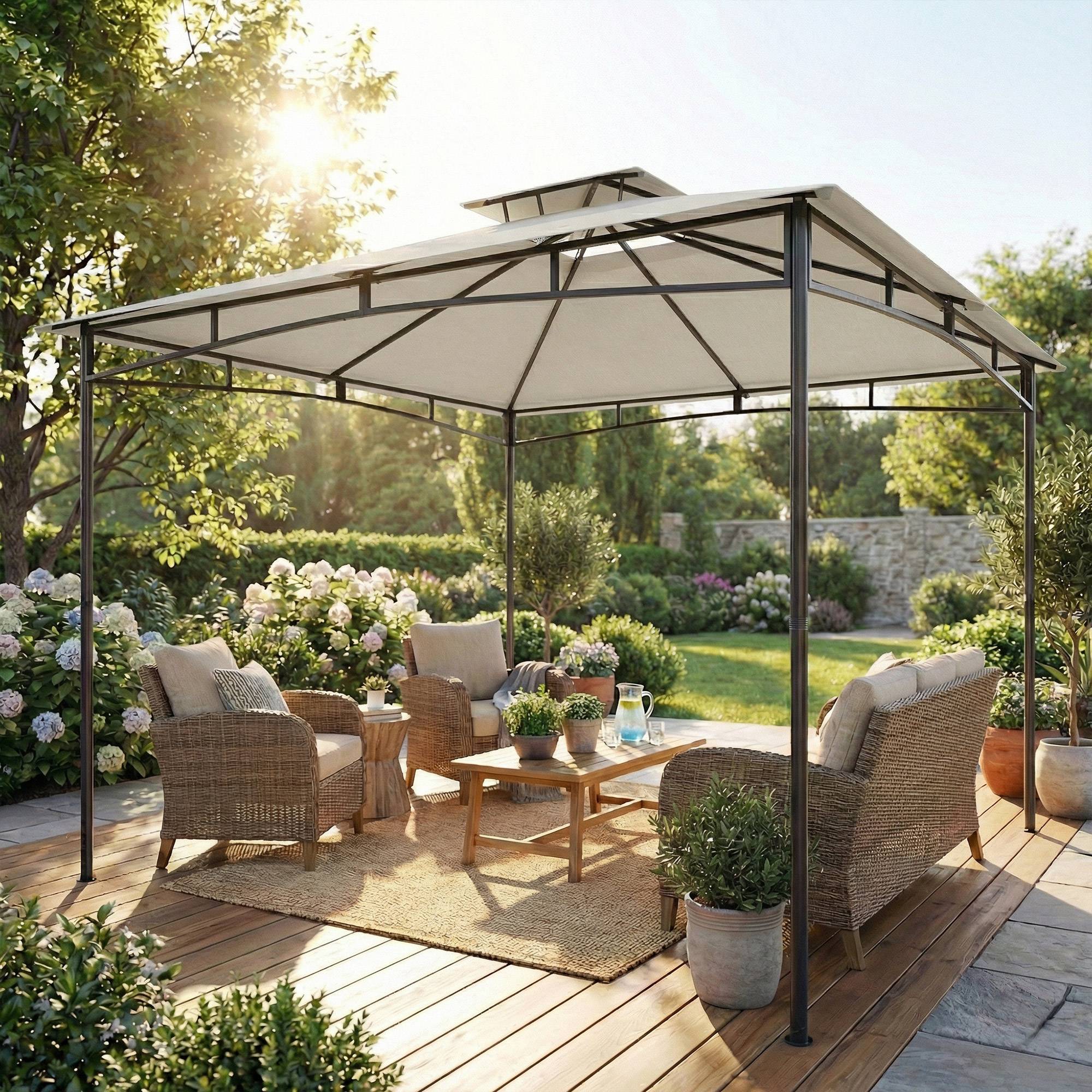 Tonnelle de jardin métal terrasse double toit protection UV 3x3m blanc ...