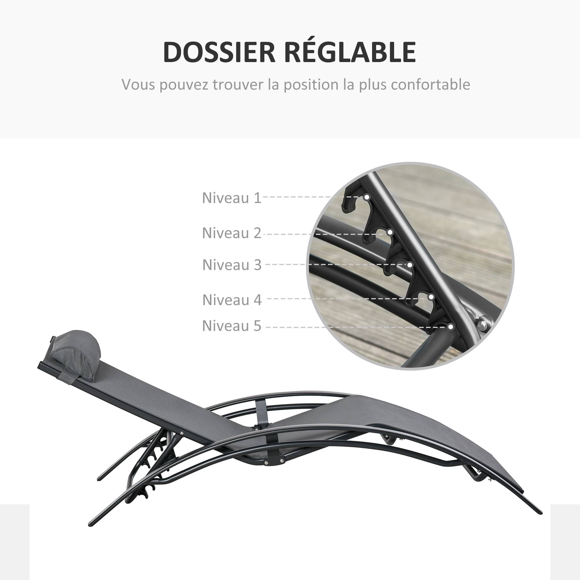 Transat de Jardin Design 171 x 64 cm, Chaise Longue Réglable, Tétière ...