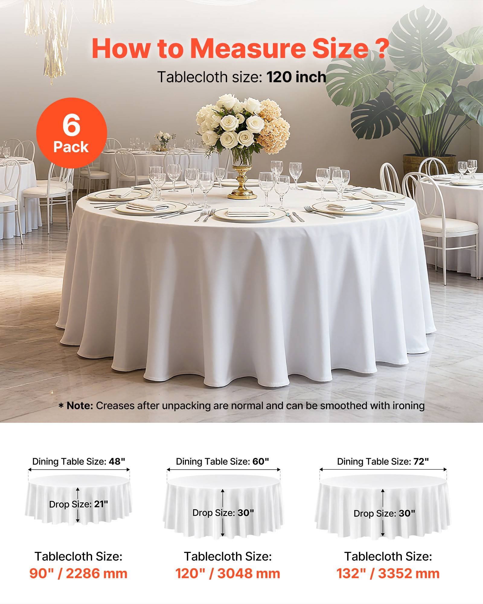VEVOR Nappe ronde blanche de table en polyester 3048 mm lot de 6 pour ...