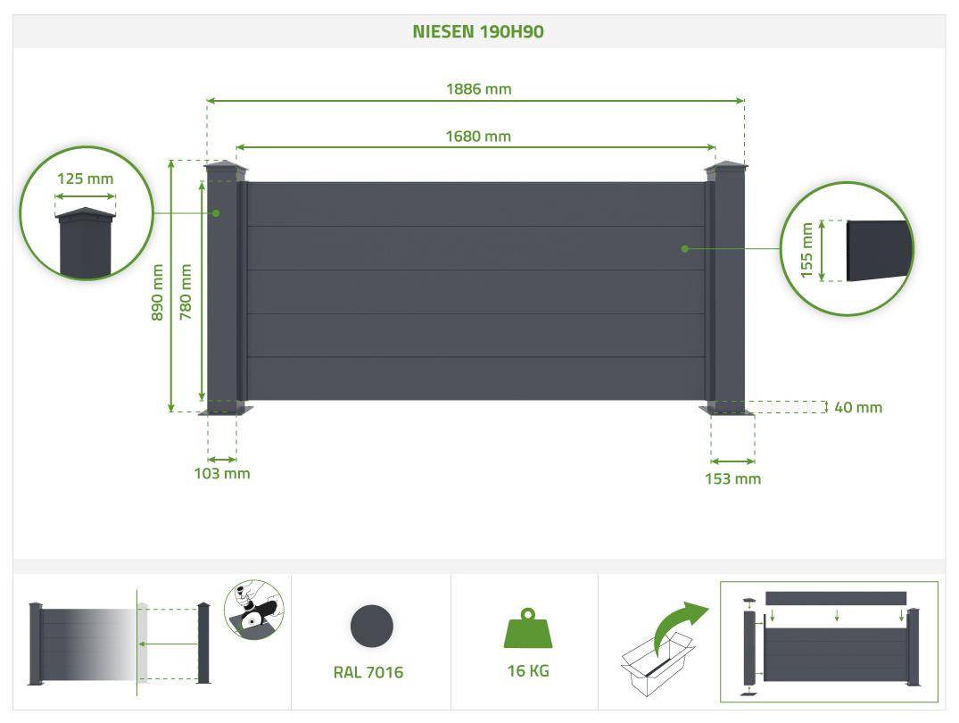 Lot de 3 kits de clôture aluminium NIESEN H.90 cm - kits complet 5.7m ...