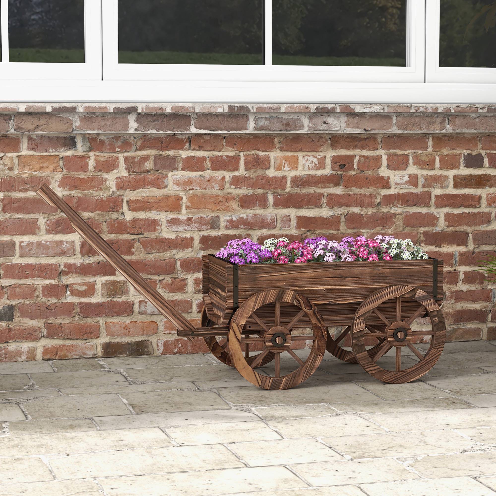 Chariot à fleurs bois sapin terrasse décoration brouette sur roues avec ...