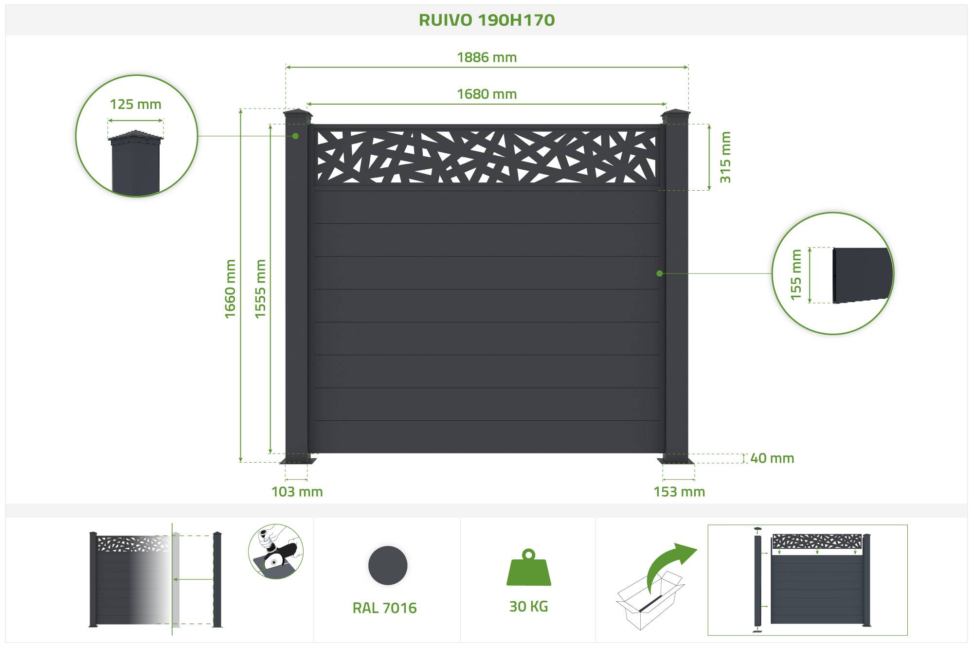 Lot de 2 clôtures Aluminium Semi-Ajourées 1,9m Ruivo H.170 cm gris ...