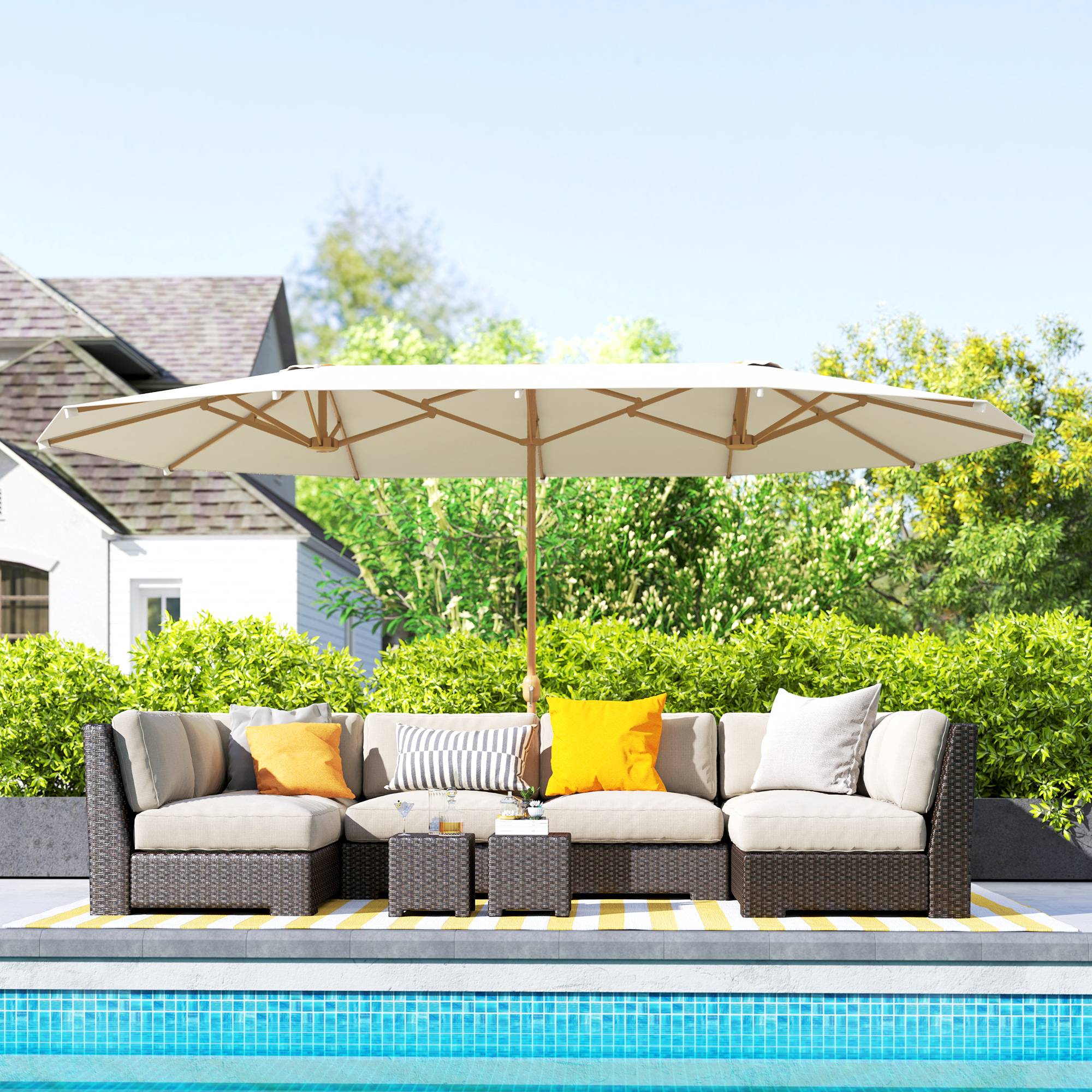 Parasol de jardin double 455 x 265 cm rectangulaire, manivelle, poteau ...