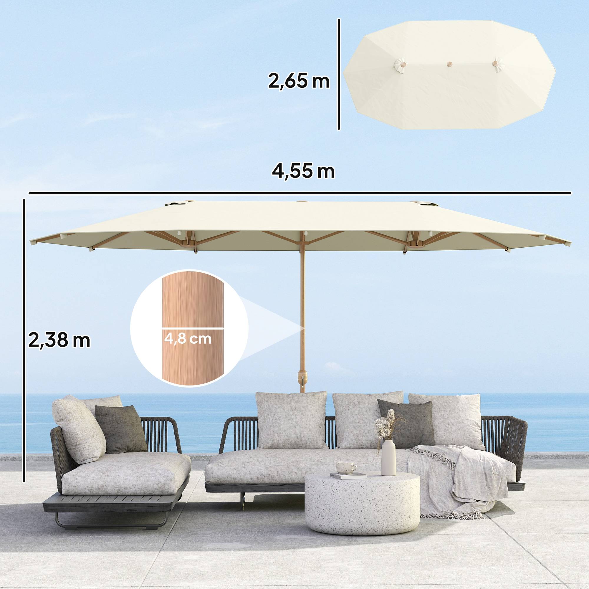 Parasol de jardin double 455 x 265 cm rectangulaire, manivelle, poteau ...
