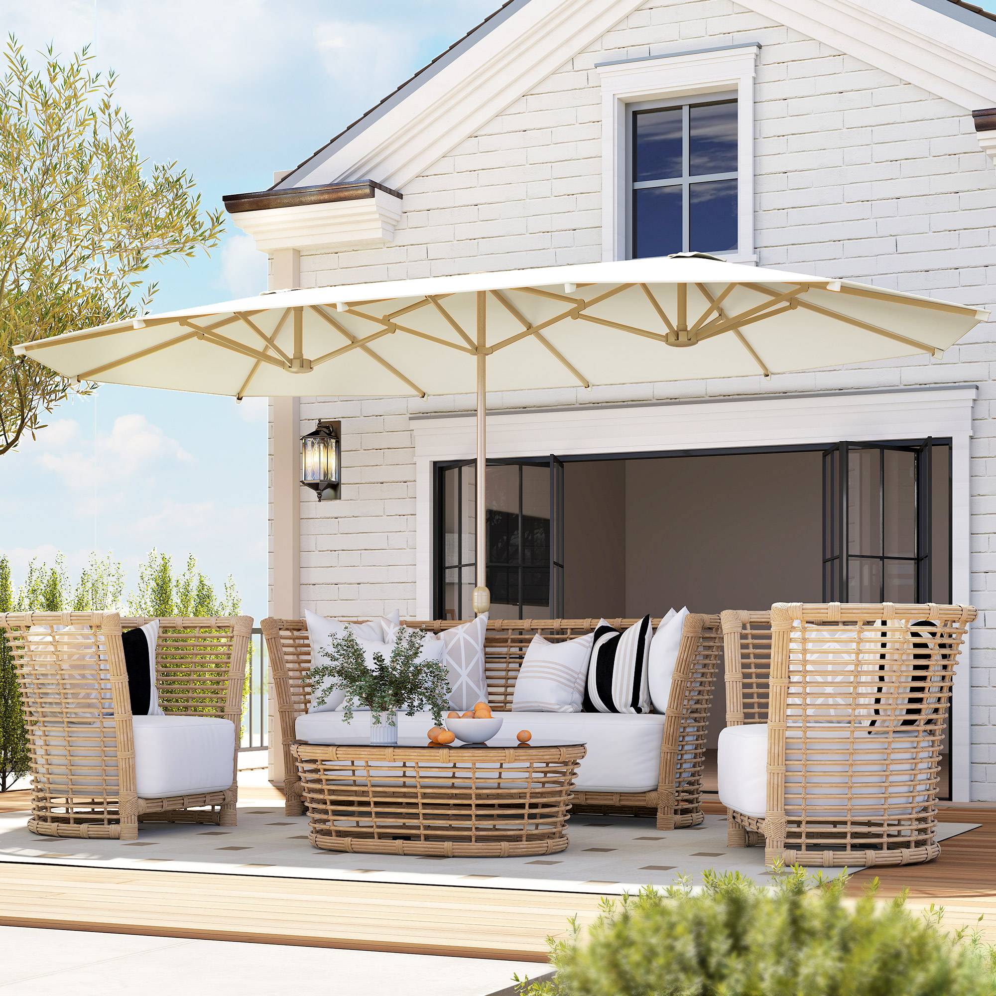 Parasol de jardin double 455 x 265 cm rectangulaire, manivelle, poteau ...
