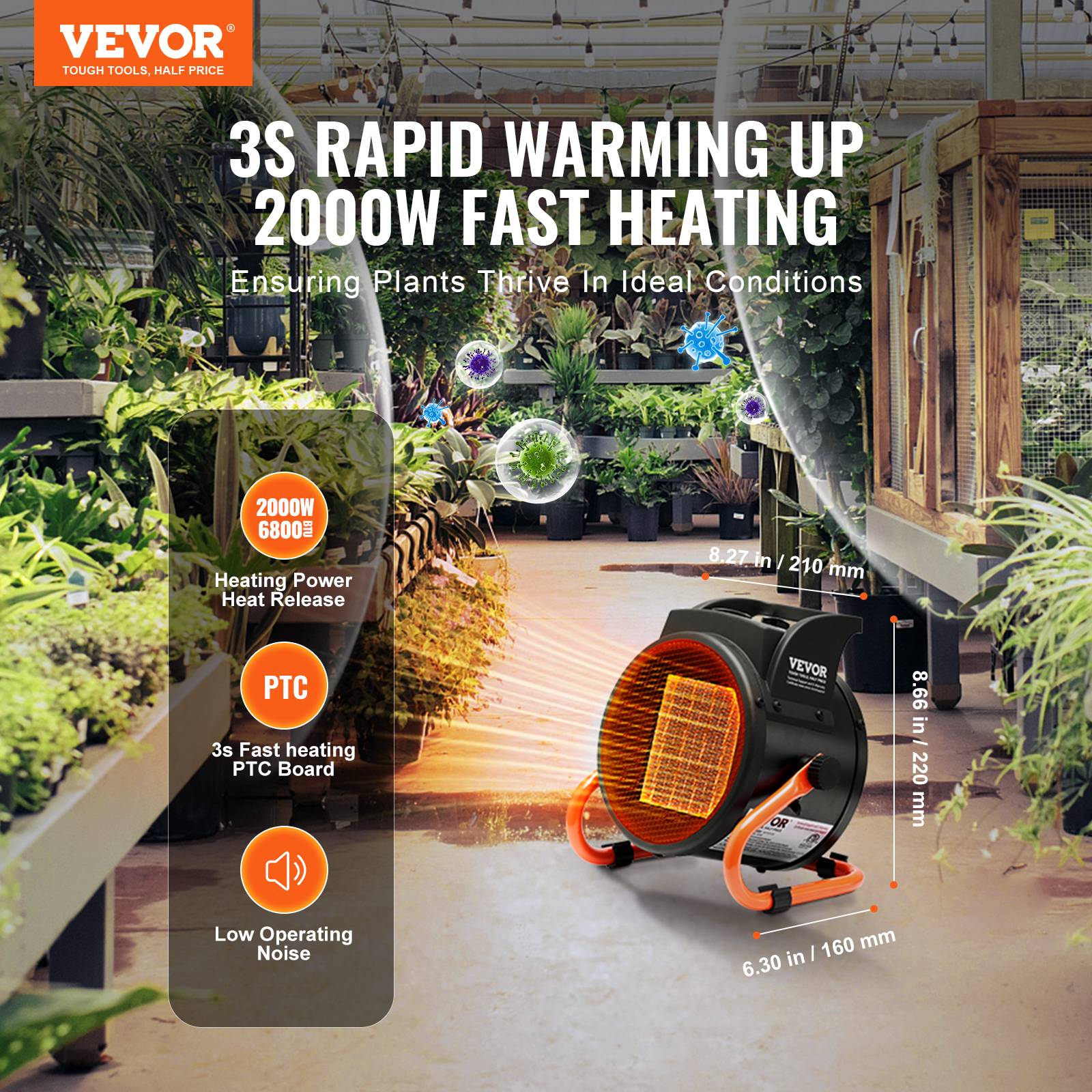 VEVOR Chauffage serre PTC 2000 W, électrique, 3 vitesses, protection ...